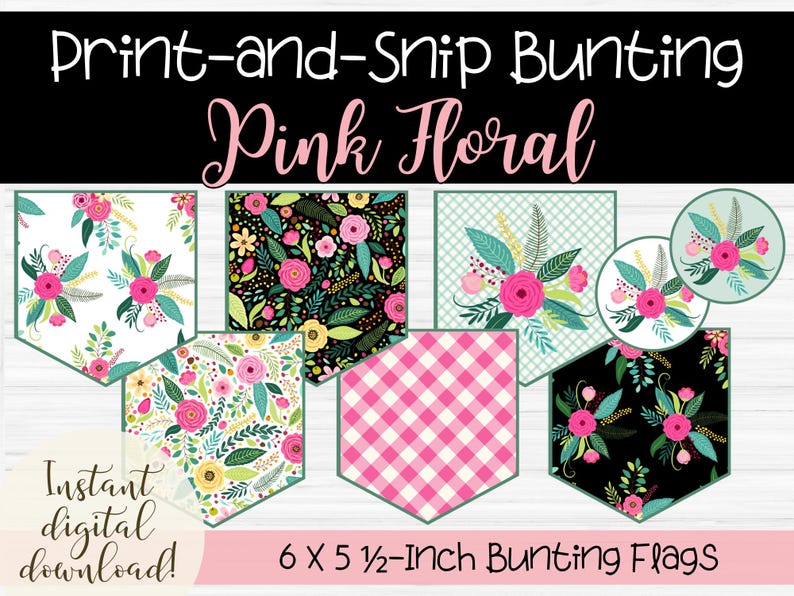 Pink Floral Bunting Banner Flags | Classroom Decor (digital Download ...