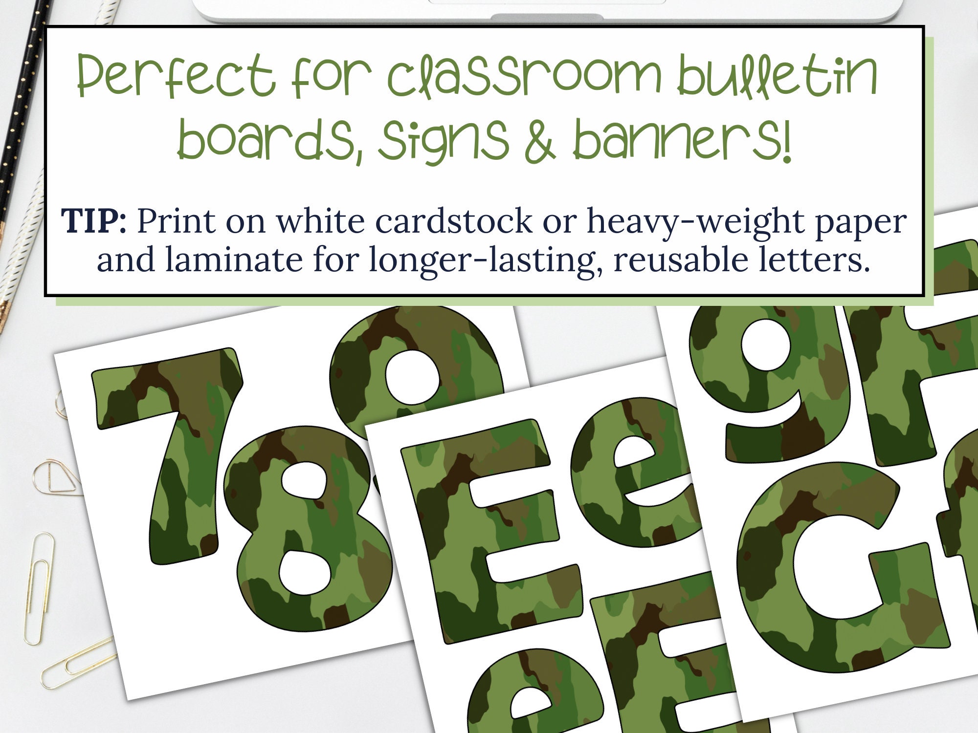 Green Camouflage Bulletin Board Letters Printable 5 Inch - Etsy