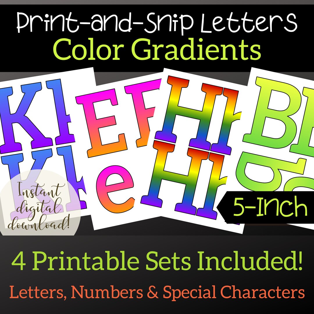 Printable Color Gradient Letters and Numbers, 4 Sets, Bulletin Boards ...