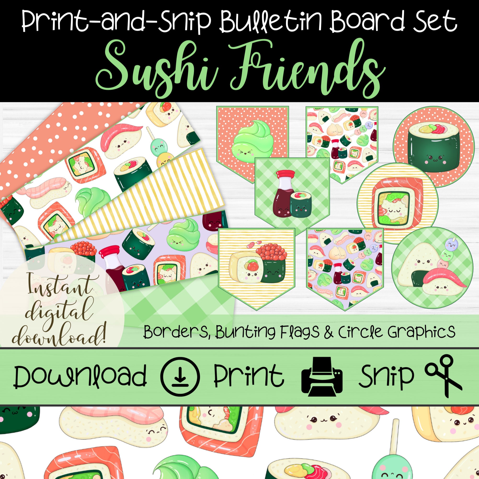 Sushi Friends Bulletin Board Set Printable Sushi Borders Bunting Banner ...