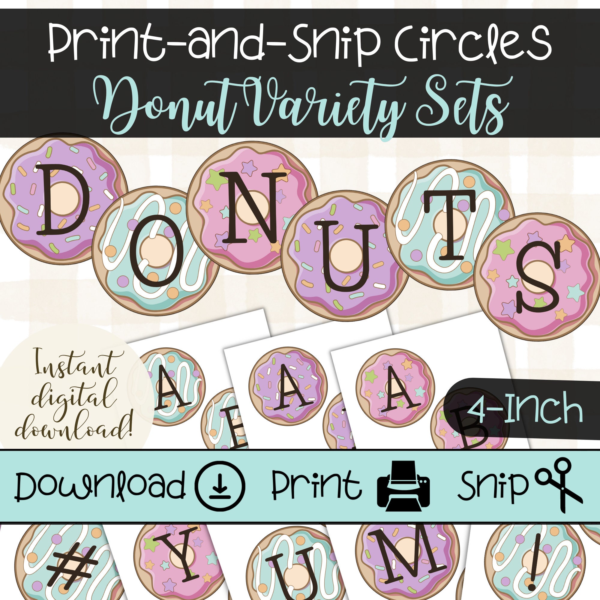 Printable Donut Letter Sets, 4 Inch Circles in Pink, Purple, and Cyan ...