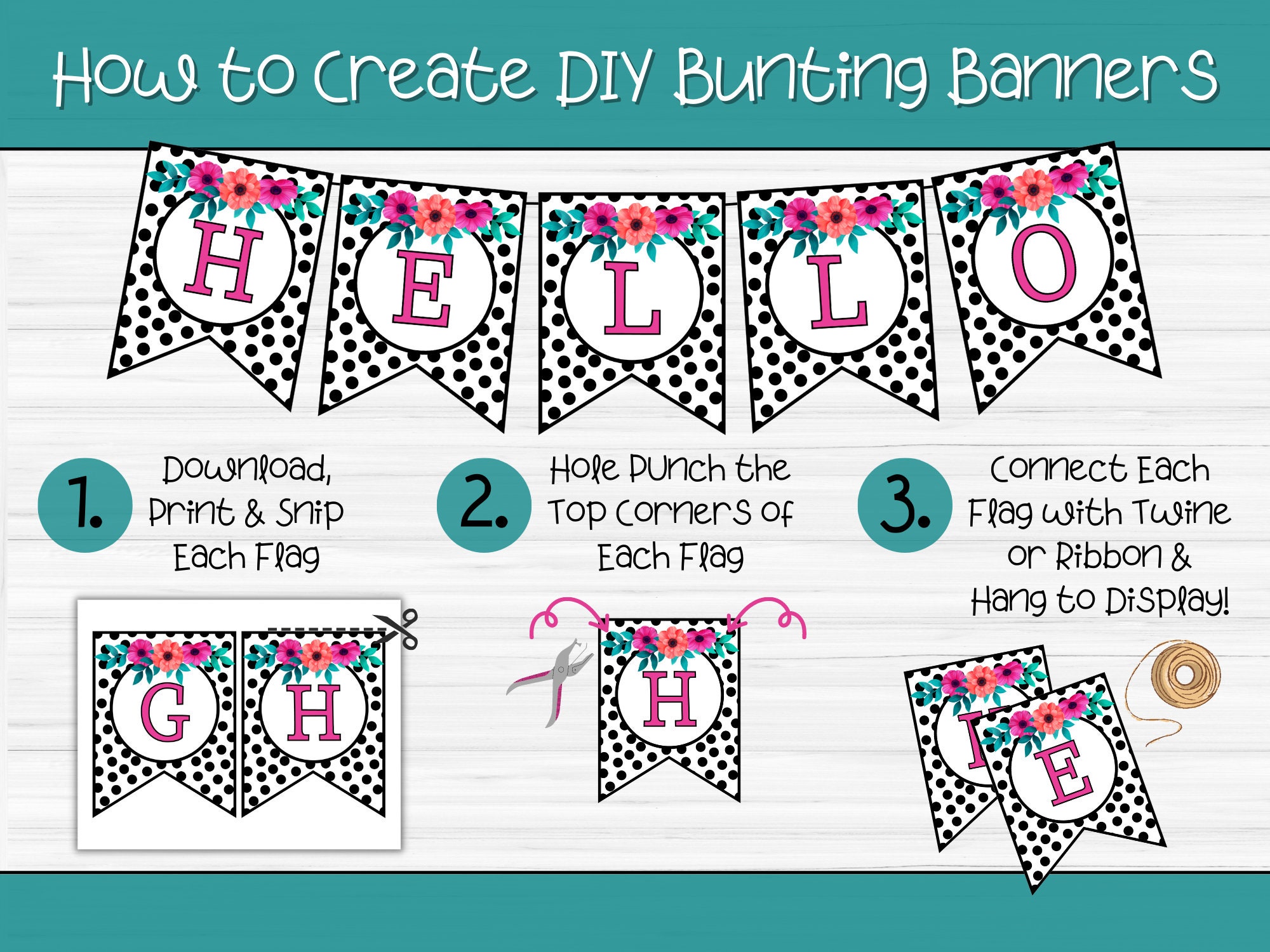 Floral and Polka Dot Bunting Banner Flags Printable - Etsy