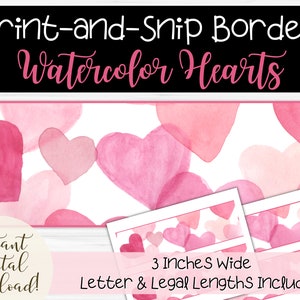 Printable Bulletin Board Border, Watercolor Valentine Hearts Trim for ...