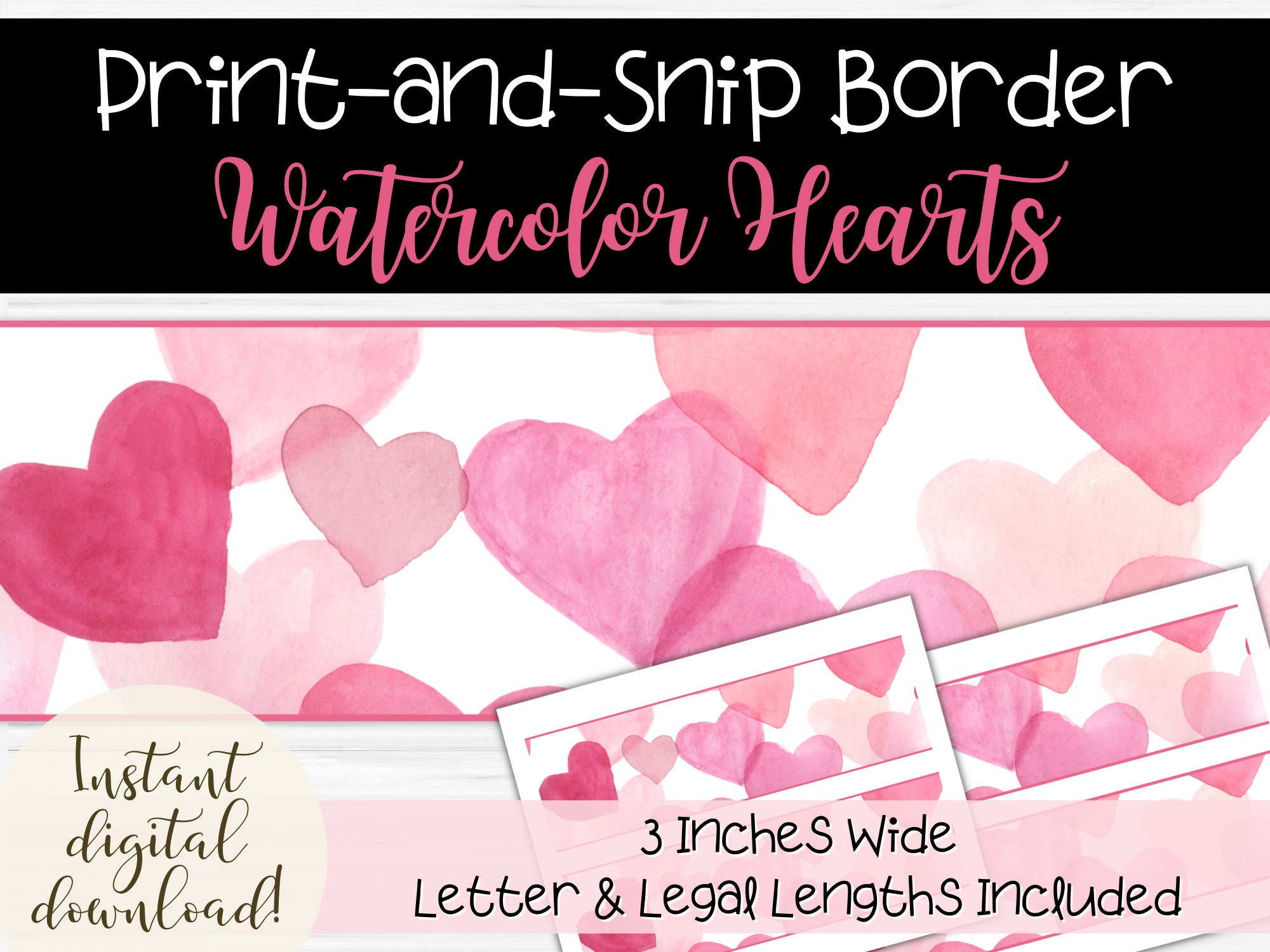 Printable Bulletin Board Border, Watercolor Valentine Hearts Trim for ...