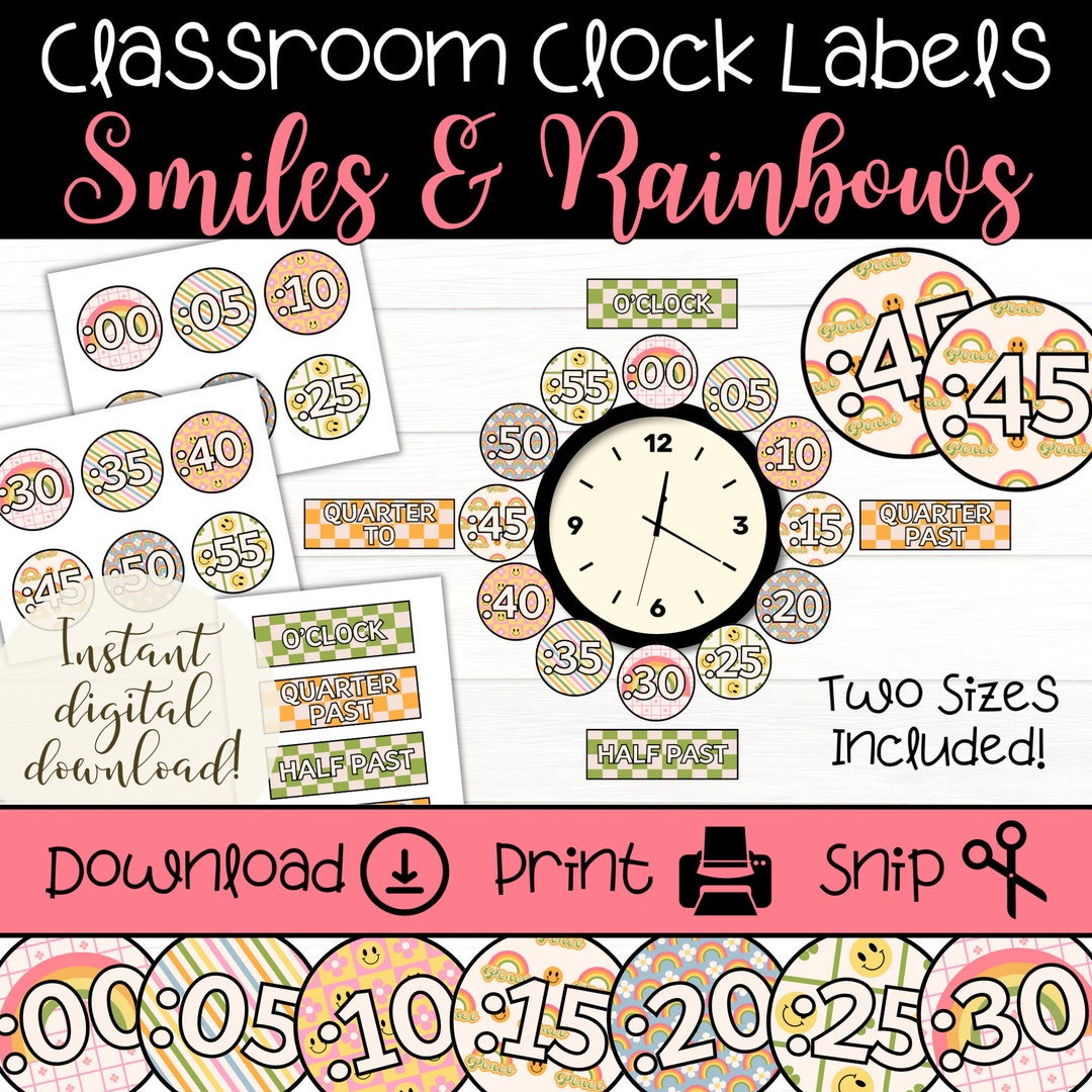 Classroom Clock Labels | Retro Checkered, Smiley Faces, Rainbows ...