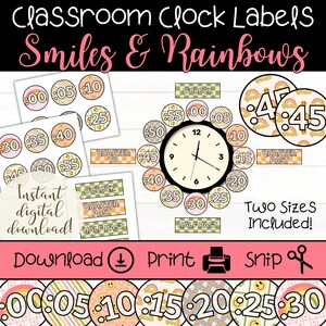 Classroom Clock Labels | Retro Checkered, Smiley Faces, Rainbows ...