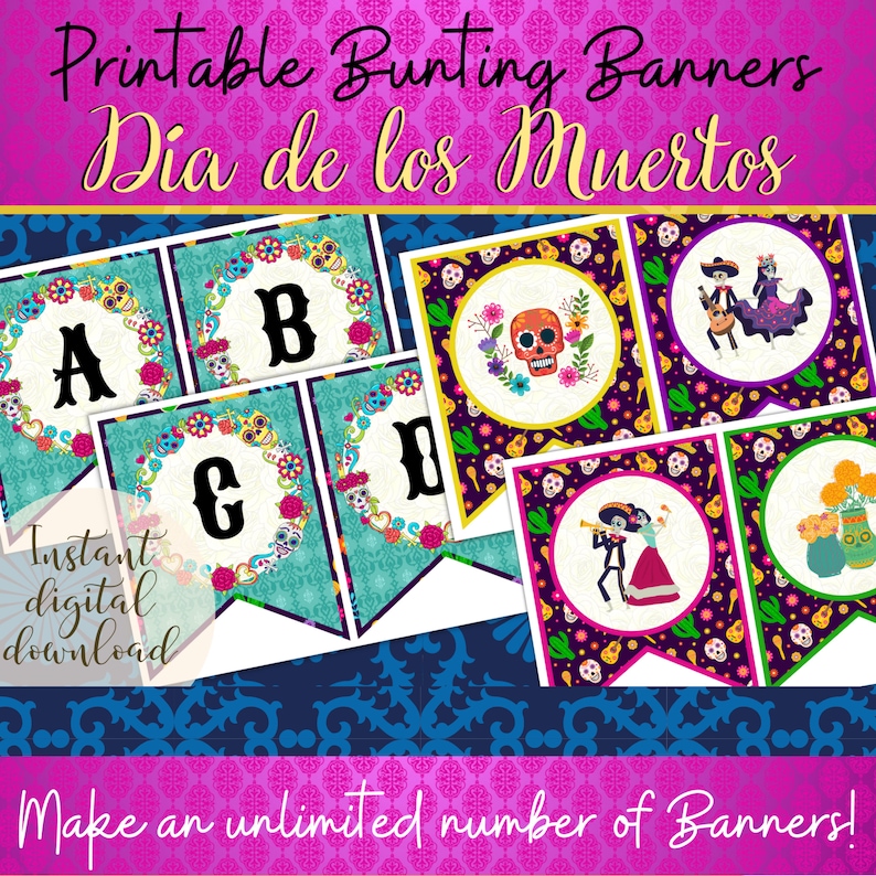 Printable Dia De Los Muertos Bunting Banner Flags, Traditional Mexican ...