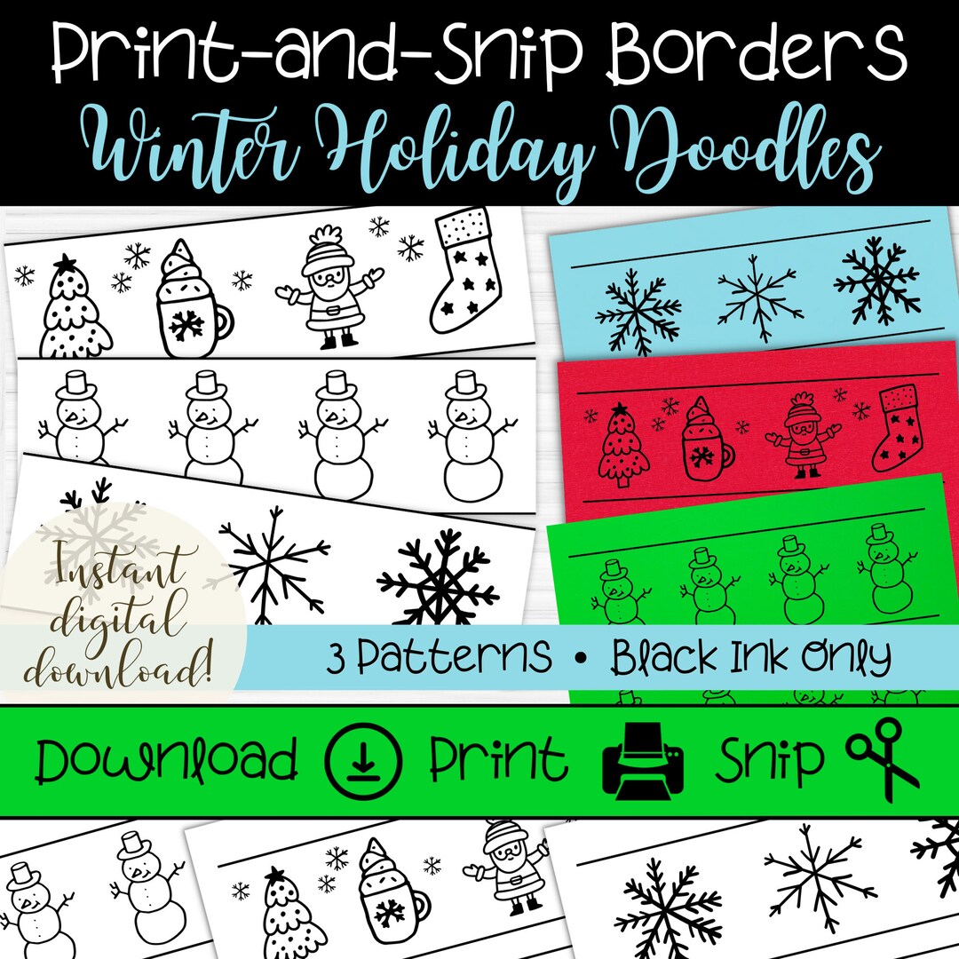 Winter Doodles Bulletin Board Border Strips | Black Ink Printable ...