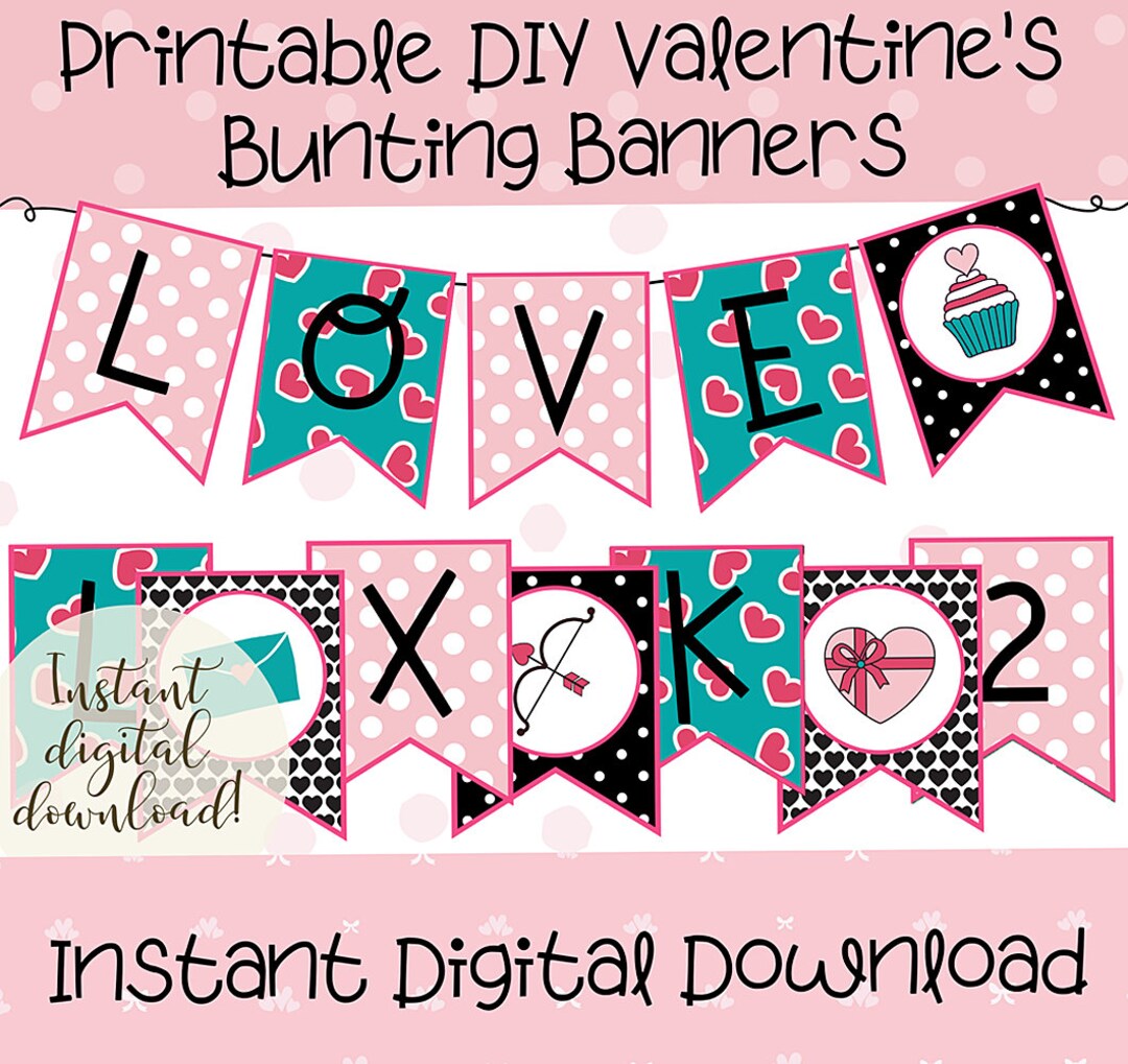 Valentine's Day Printable Bunting Banner: Pink, Red, Black (PDF) - Etsy