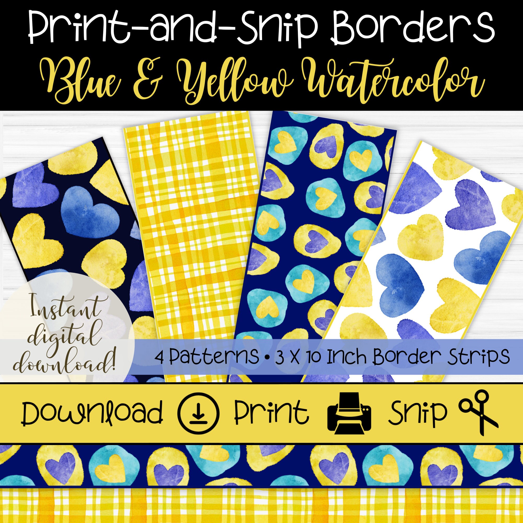 Watercolor Hearts Bulletin Board Borders Printable Blue & Yellow Border ...