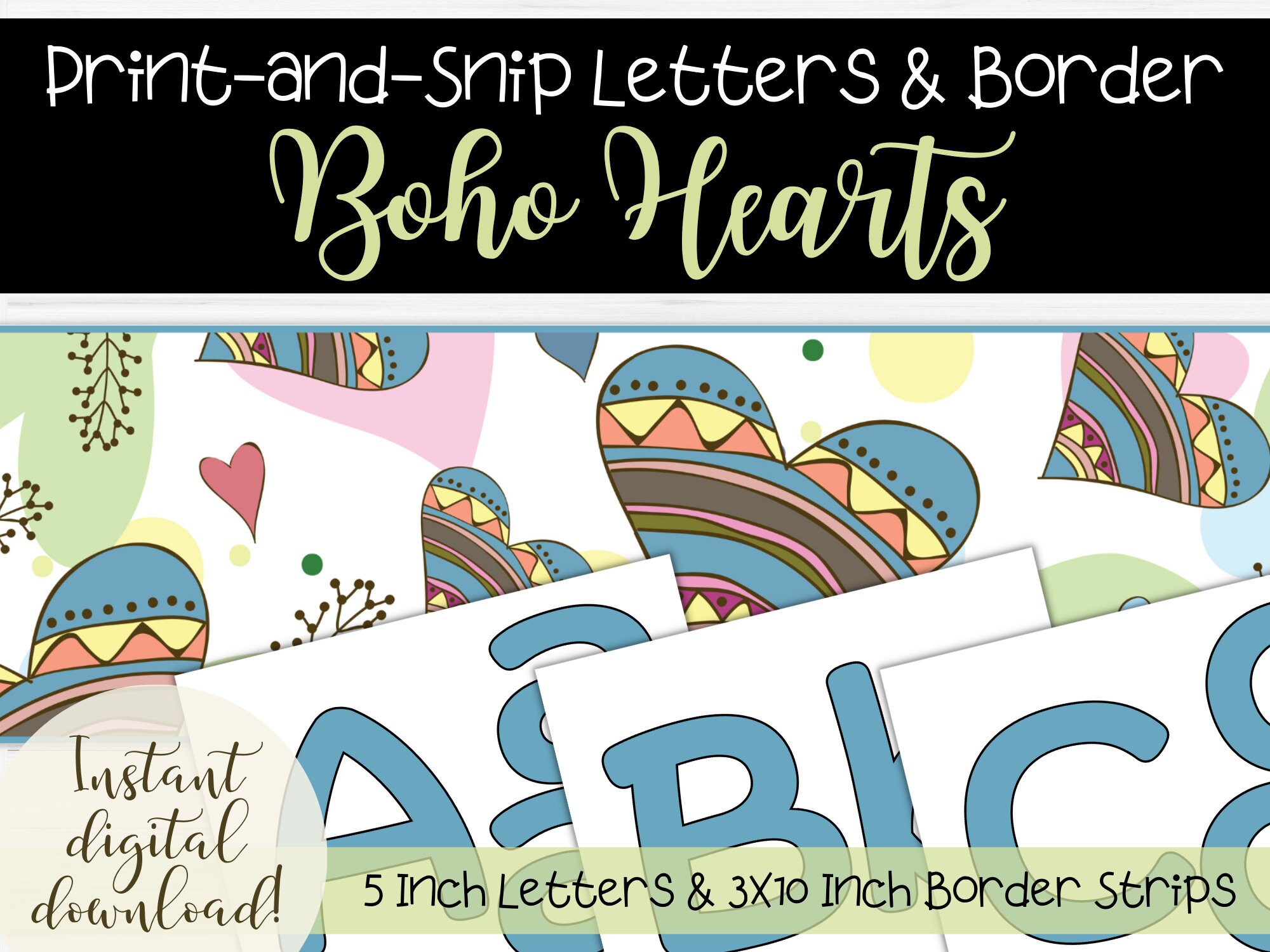 Printable Bulletin Board Border and Letter Set in Boho Hearts Pattern ...
