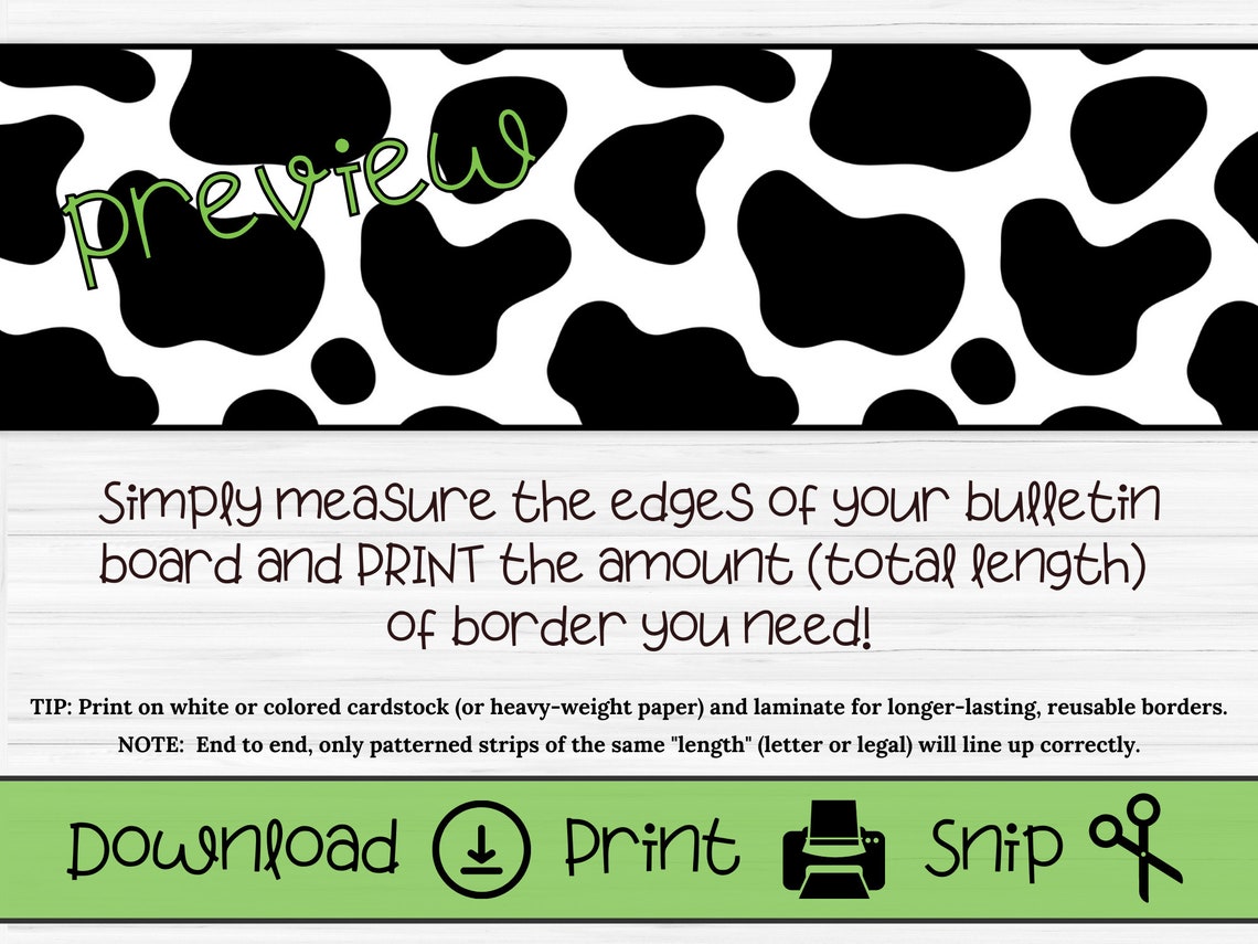 Cow Print Bulletin Board Border Black Ink Printable Trim Instant ...