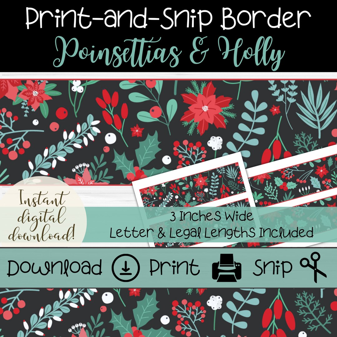Red Poinsettias & Holly Bulletin Board Border Strips | Printable ...