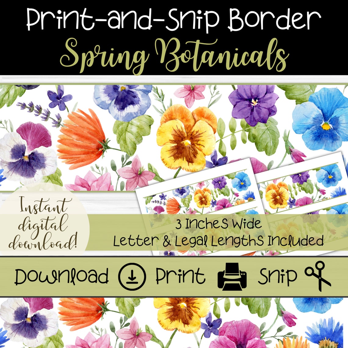 Floral Bulletin Board Border Strips Printable Spring Border Pansies ...