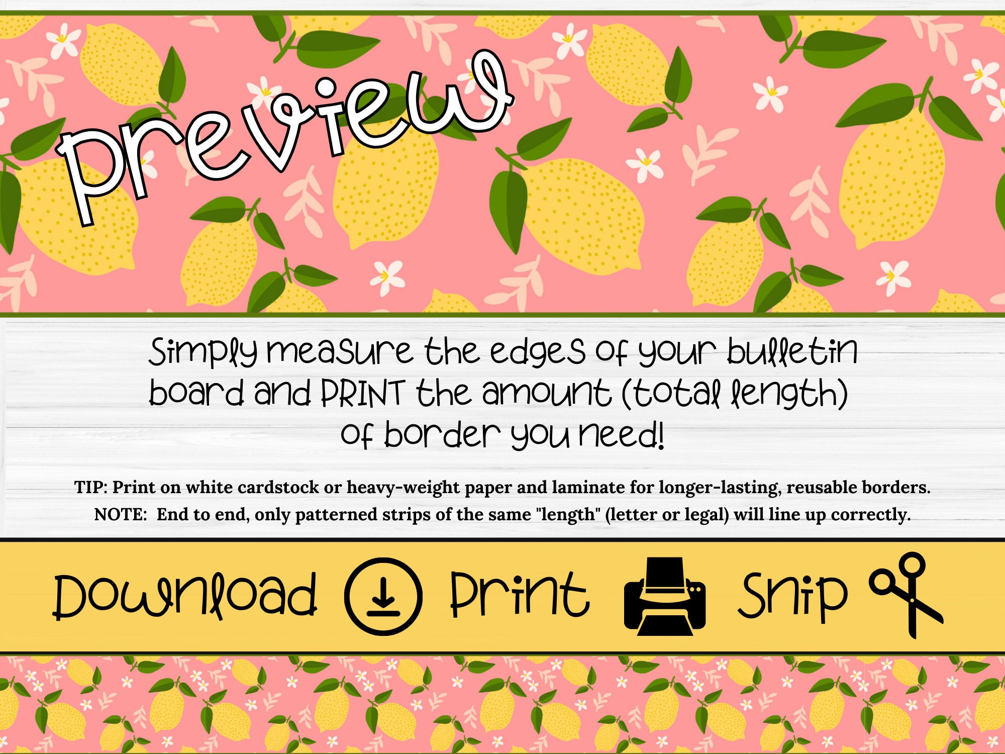 Lemon Bulletin Board Border, Printable Border Strips, Pink & Yellow ...