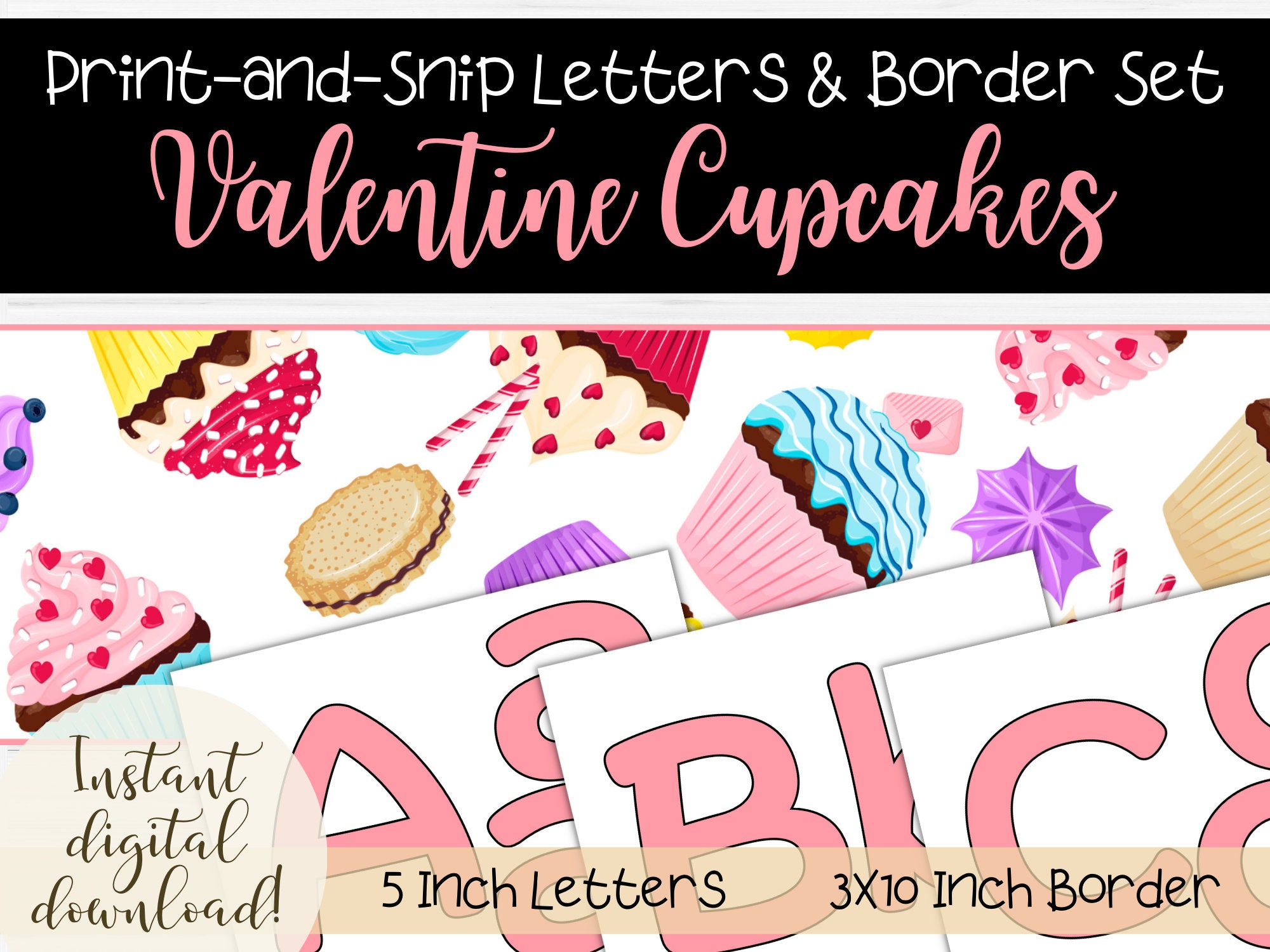 Valentine Cupcakes Printable Pink Bulletin Board Letters and - Etsy