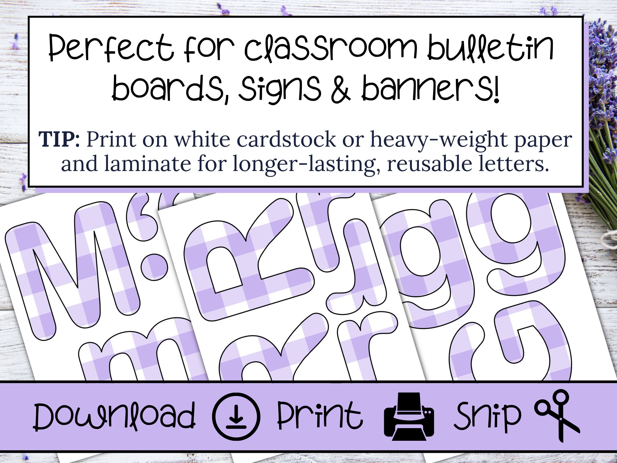 Printable Bulletin Board Letters in Lavender Gingham, 5 Inch Print and ...