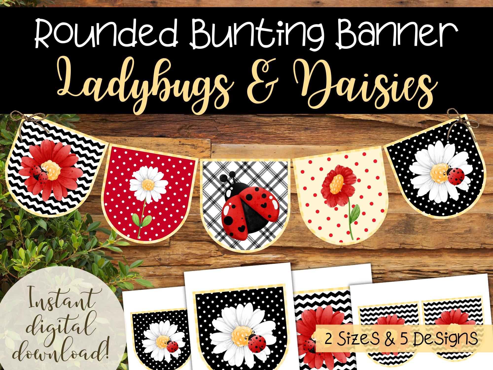Ladybugs and Gerbera Daisies Rounded Bunting Banner Flags Printable ...