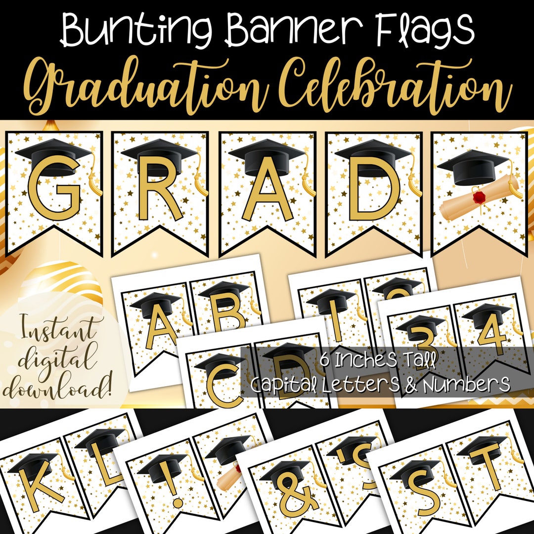 Graduation Bunting Banner: Gold Stars, Letters, Numbers (digital ...