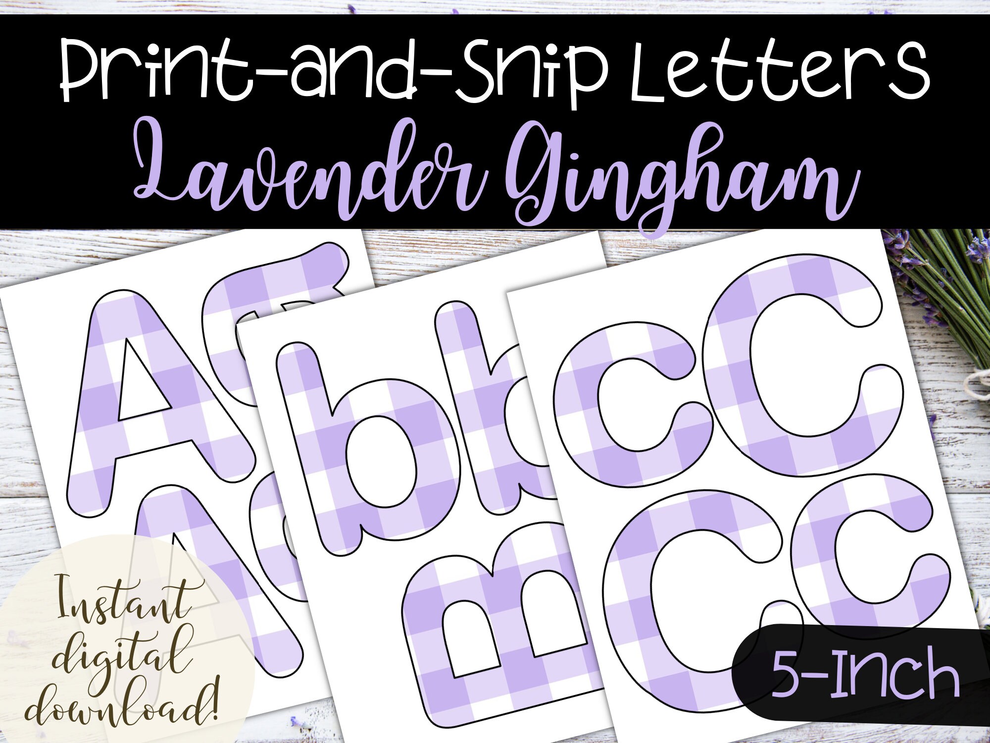 Printable Bulletin Board Letters in Lavender Gingham, 5 Inch Print and ...
