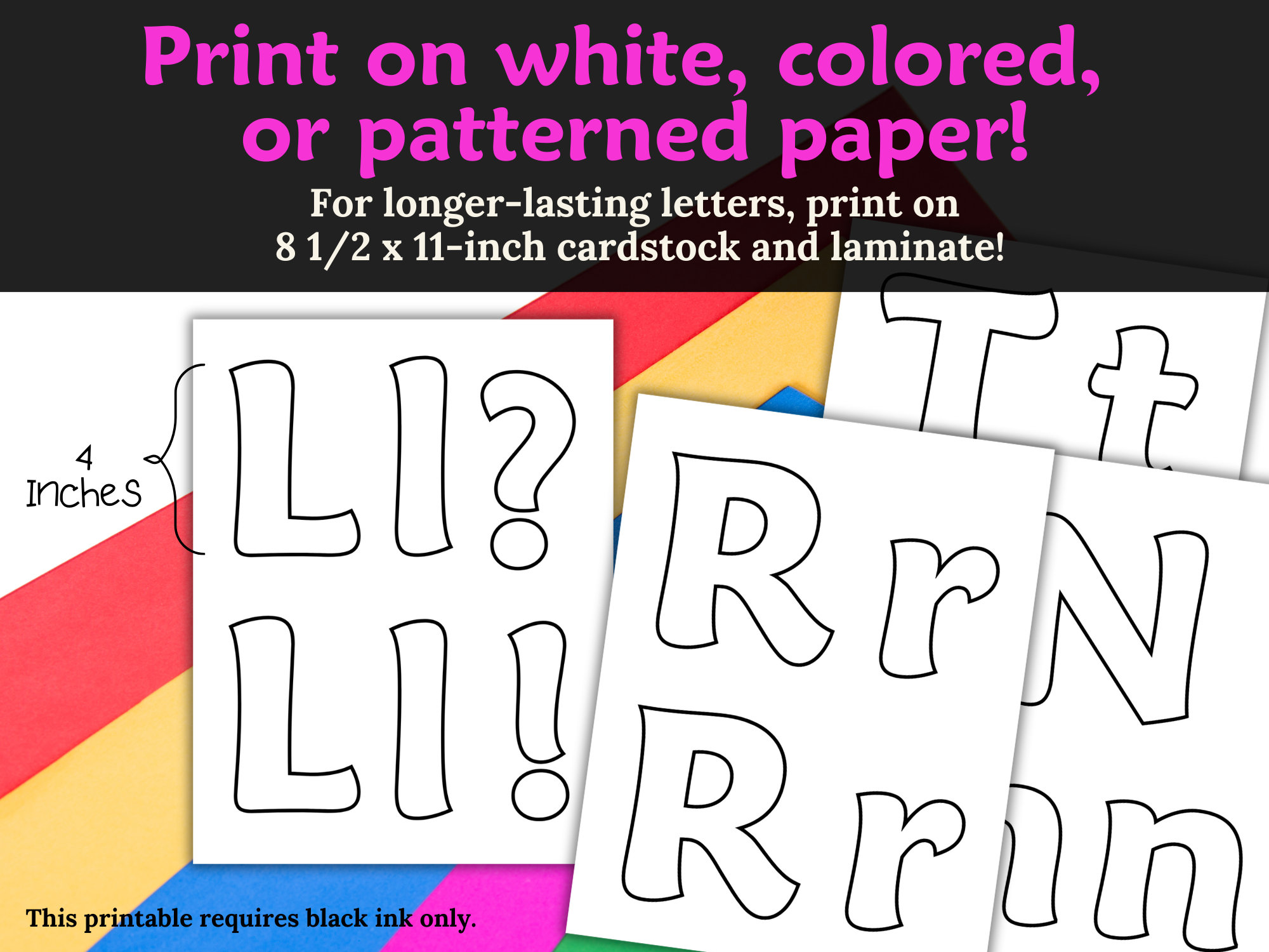 Printable Bulletin Board Letters: Black Outline, 4-inch Alphabet (PDF ...