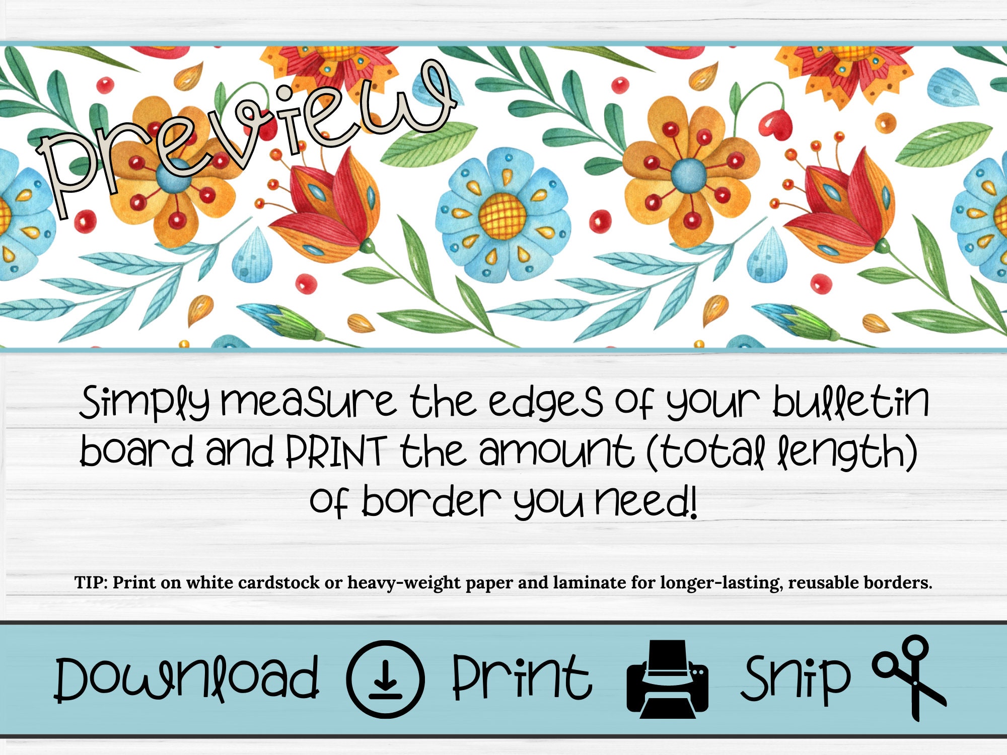Printable Floral Folk Art Patterned Border and Blue Letter Set for ...