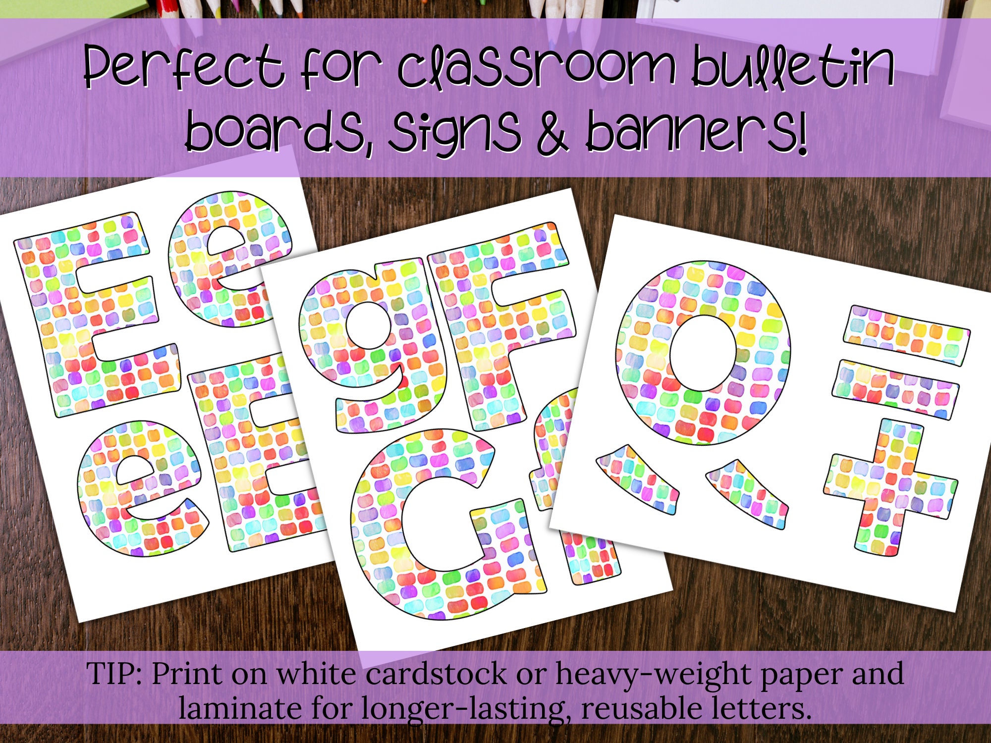 Printable Bulletin Board Letters in Watercolor Swatches Pattern ...