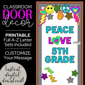 Classroom Door Decor Set | Retro Checkered Theme | Smiley Face & Peace ...
