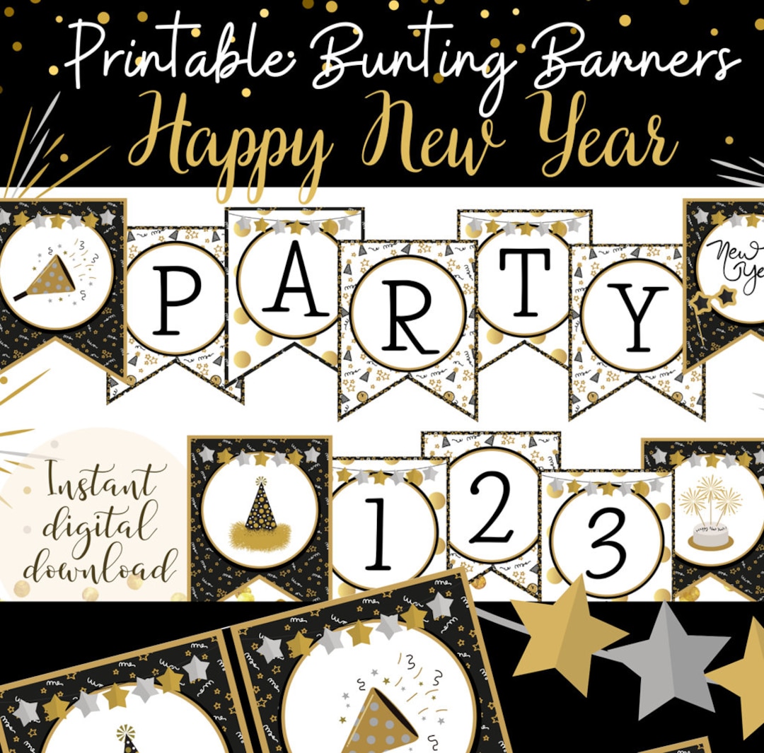 Banderines temáticos de Feliz Año Nuevo para carteles y carteles de ...