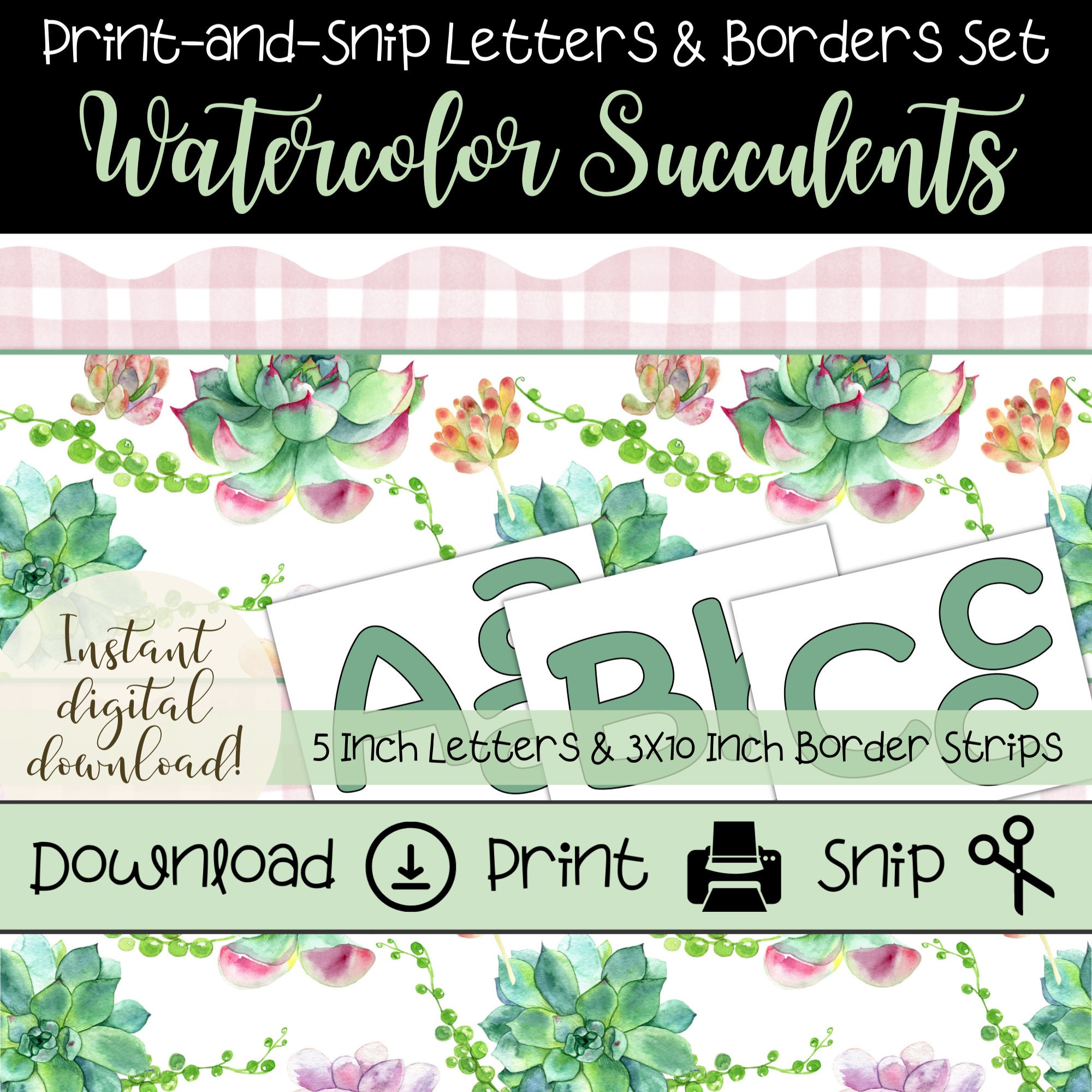 Classroom Bulletin Board Borders and Letters Watercolor Succulent ...