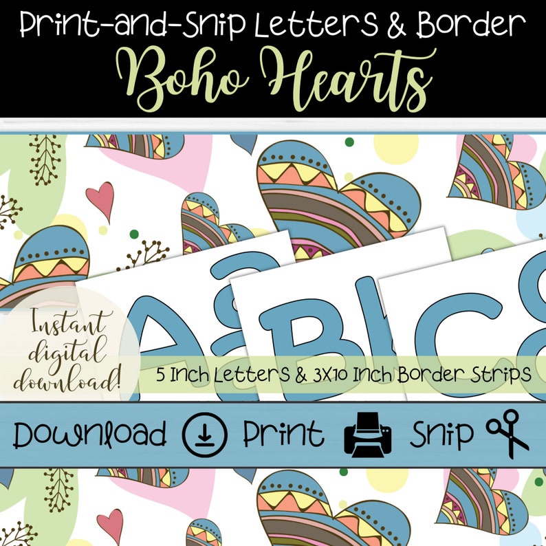Printable Bulletin Board Border and Letter Set in Boho Hearts Pattern ...
