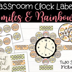 Classroom Clock Labels | Retro Checkered, Smiley Faces, Rainbows ...