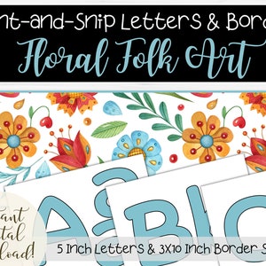 Printable Floral Folk Art Patterned Border and Blue Letter Set for ...