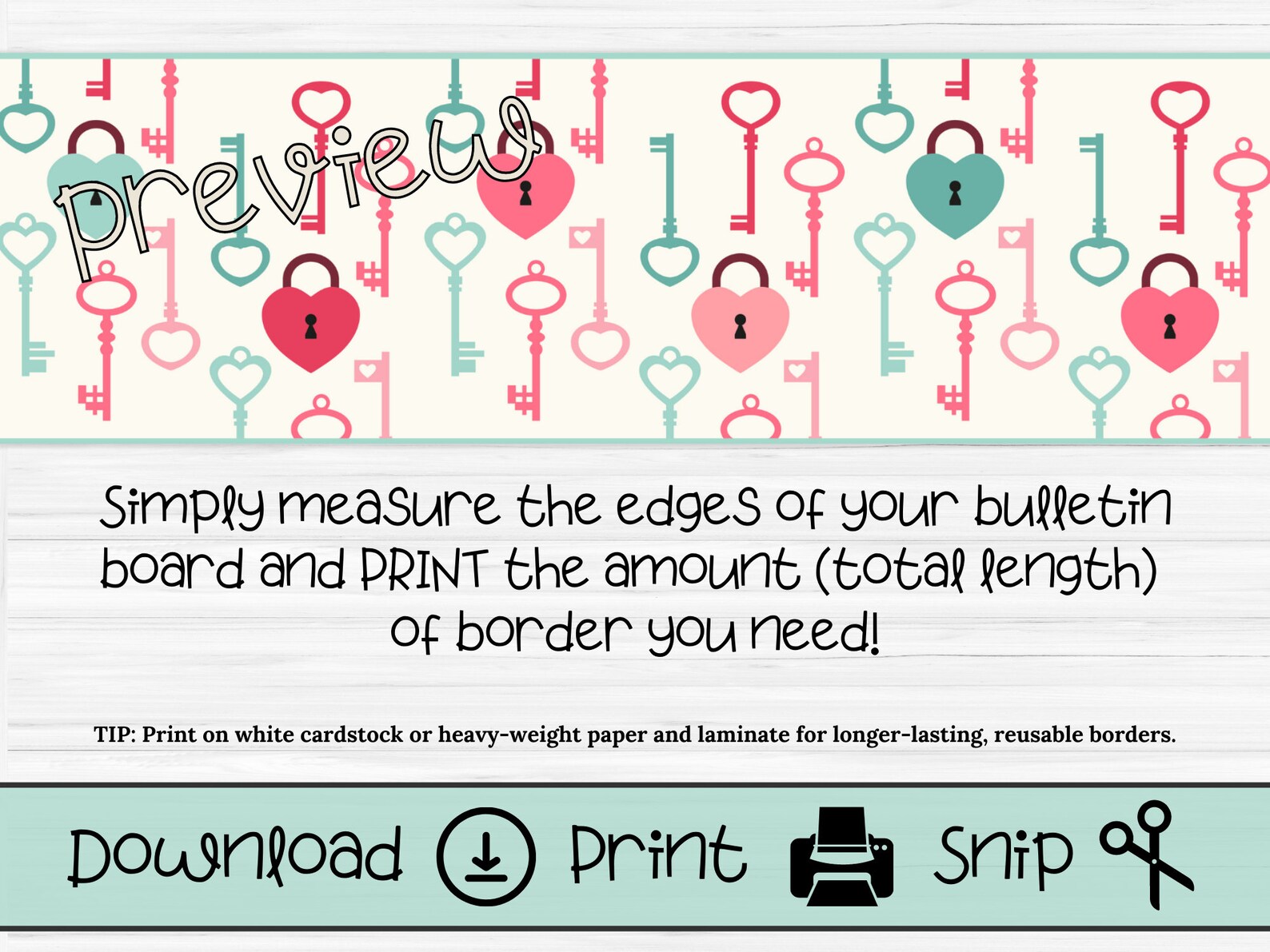 Printable Valentine Lock and Key Bulletin Board Border and Seafoam ...