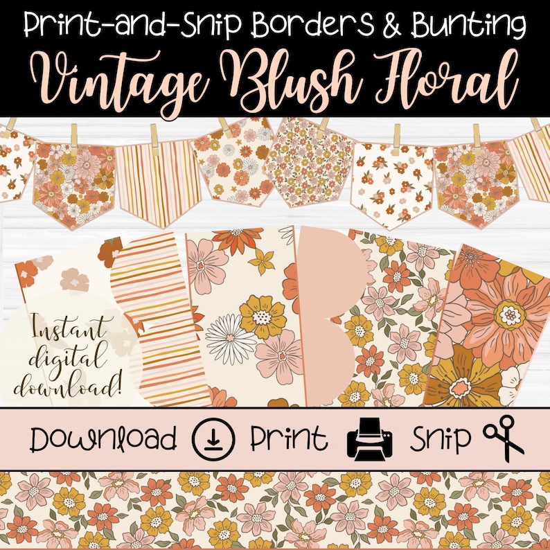 Cottagecore Bulletin Board Set, Printable Borders & Bunting Flags, for ...