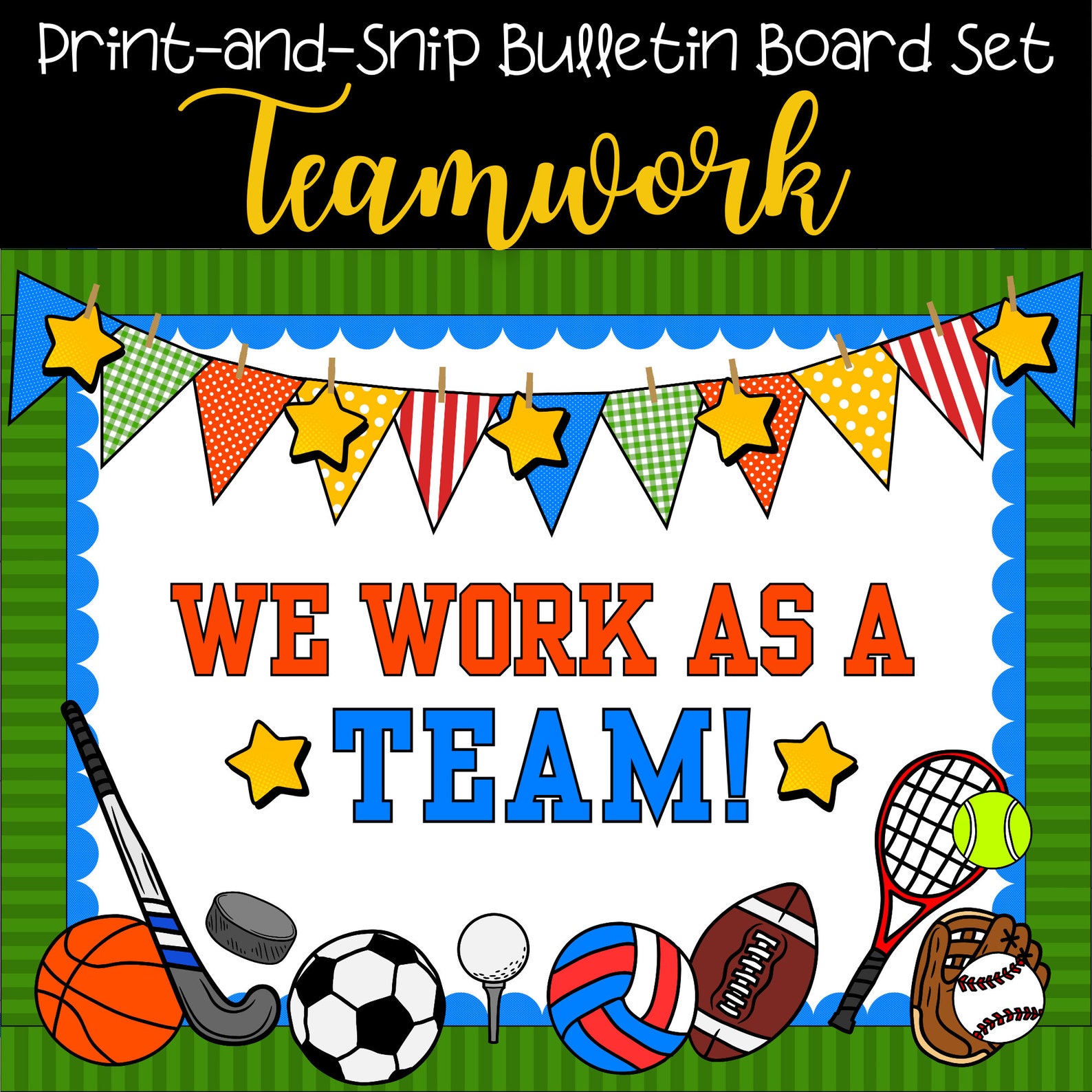 Sports Themed Bulletin Board Set, Printable Borders & Letters, Teamwork ...