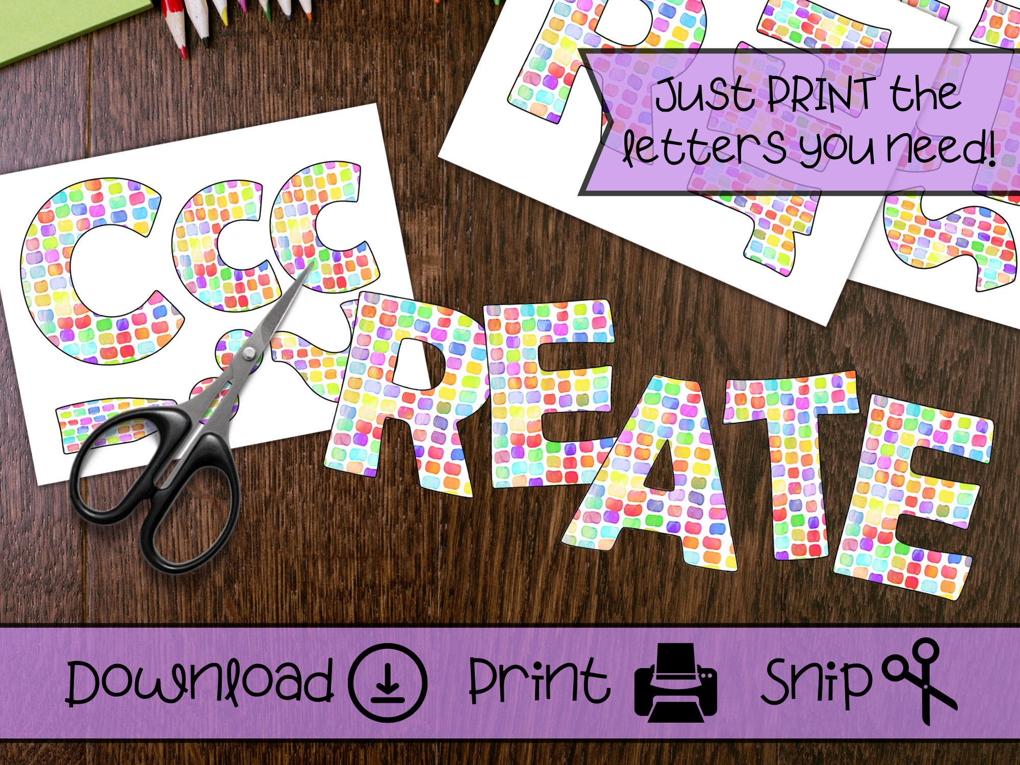 Printable Bulletin Board Letters in Watercolor Swatches Pattern ...
