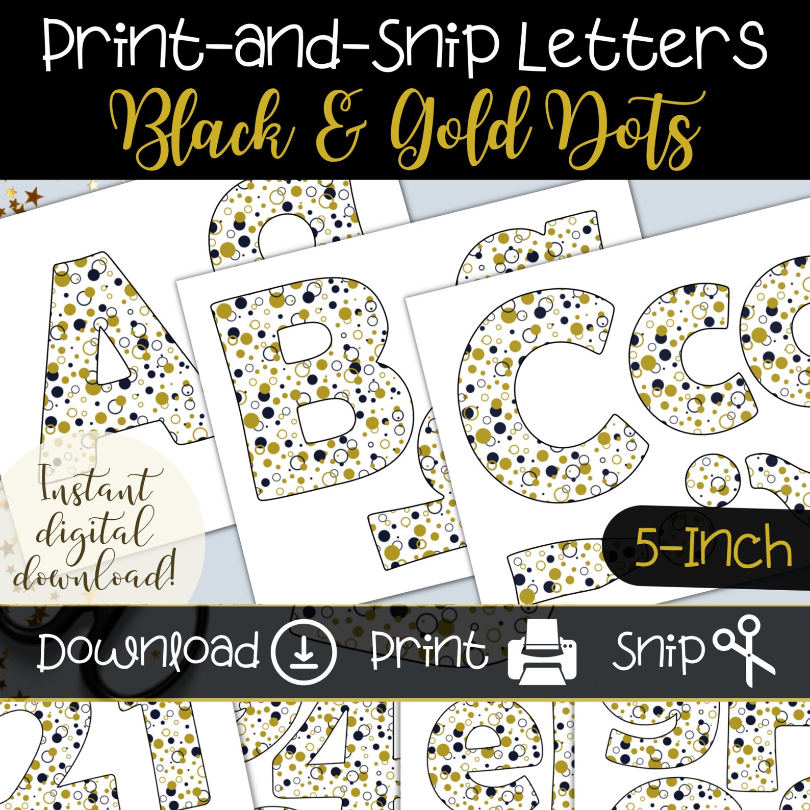 Black & Gold Polka Dot Bulletin Board Letters: Printable Graduation ...