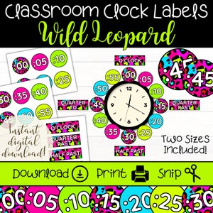 Classroom Wall Clock Labels | Kids Telling Time | Wild Leopard Print ...