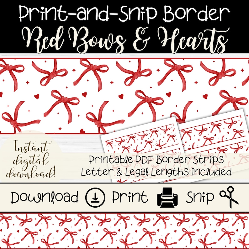 Bow Themed Bulletin Board Border | Printable Border Strips for Teachers | Valentine Hearts & Red ...