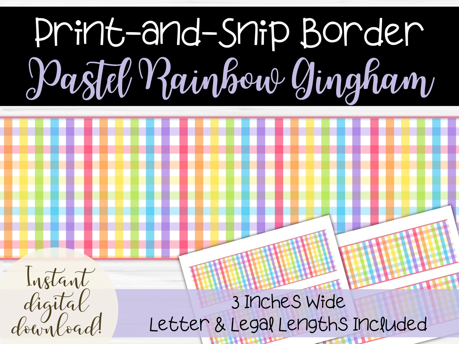 Bulletin Board Border in Pastel Rainbow Gingham, Printable Trim for ...