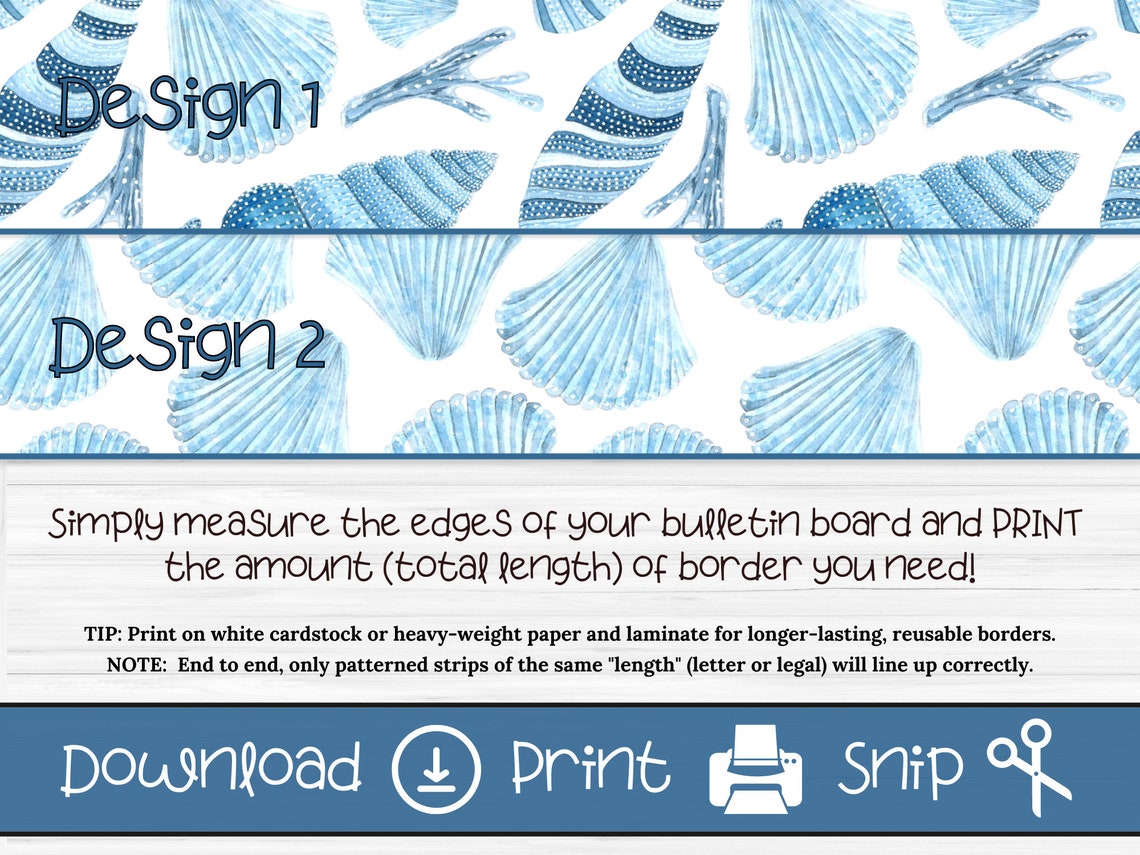 Bulletin Board Borders in Blue Seashell Pattern, Printable Trim Set for ...