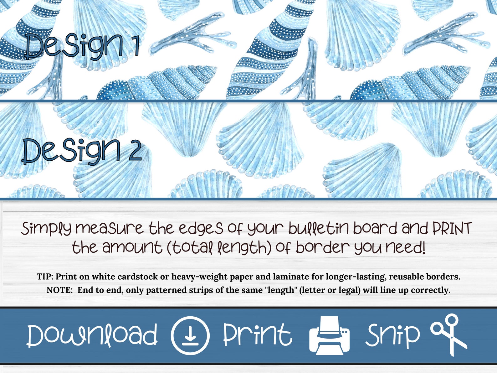 Bulletin Board Borders in Blue Seashell Pattern, Printable Trim Set for ...