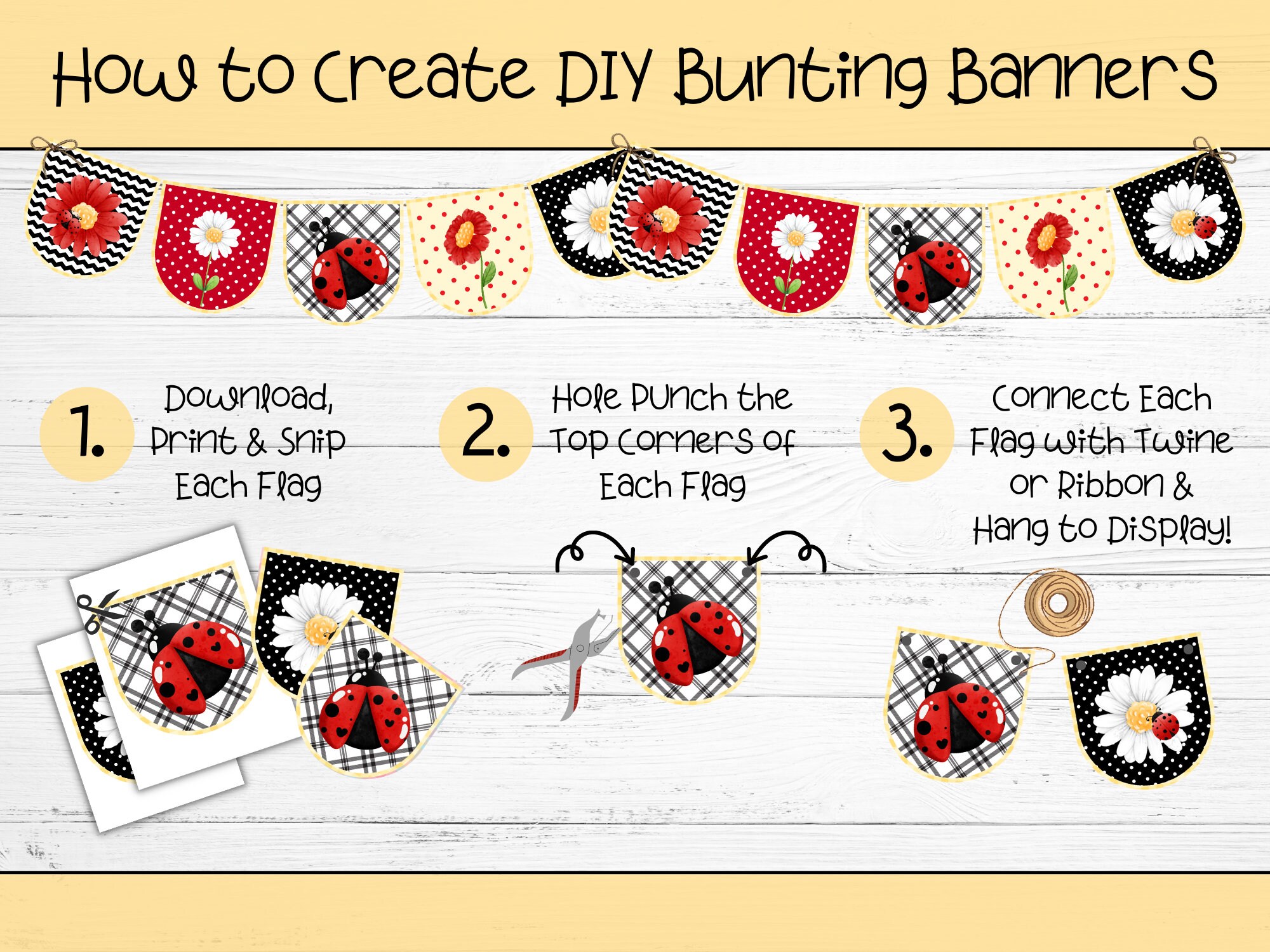 Ladybugs and Gerbera Daisies Rounded Bunting Banner Flags Printable ...