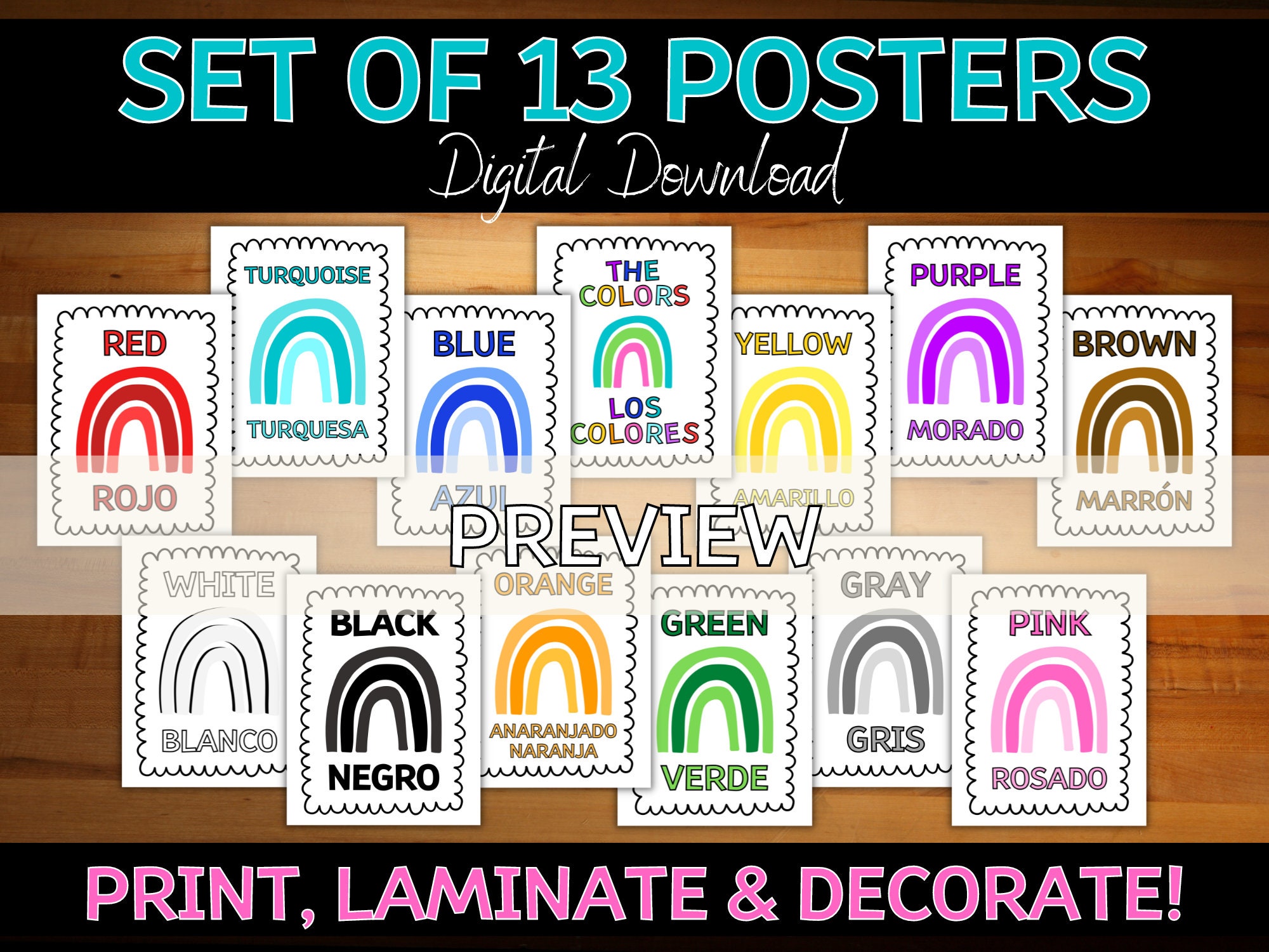 Bilingual Colors Poster Set: Rainbow Theme, Spanish & English (digital ...