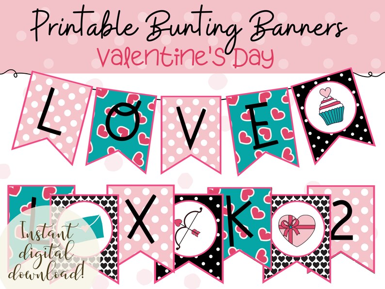 Valentine's Day Printable Bunting Banner Flags, February Birthday Party ...