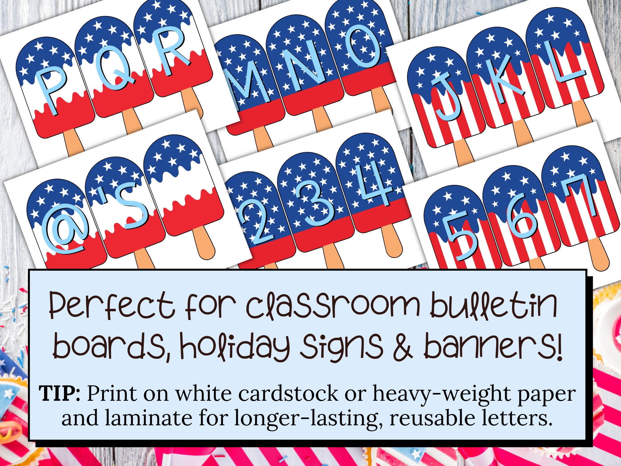Patriotic Popsicle Letters: Red, White, Blue Bulletin Board (digital ...