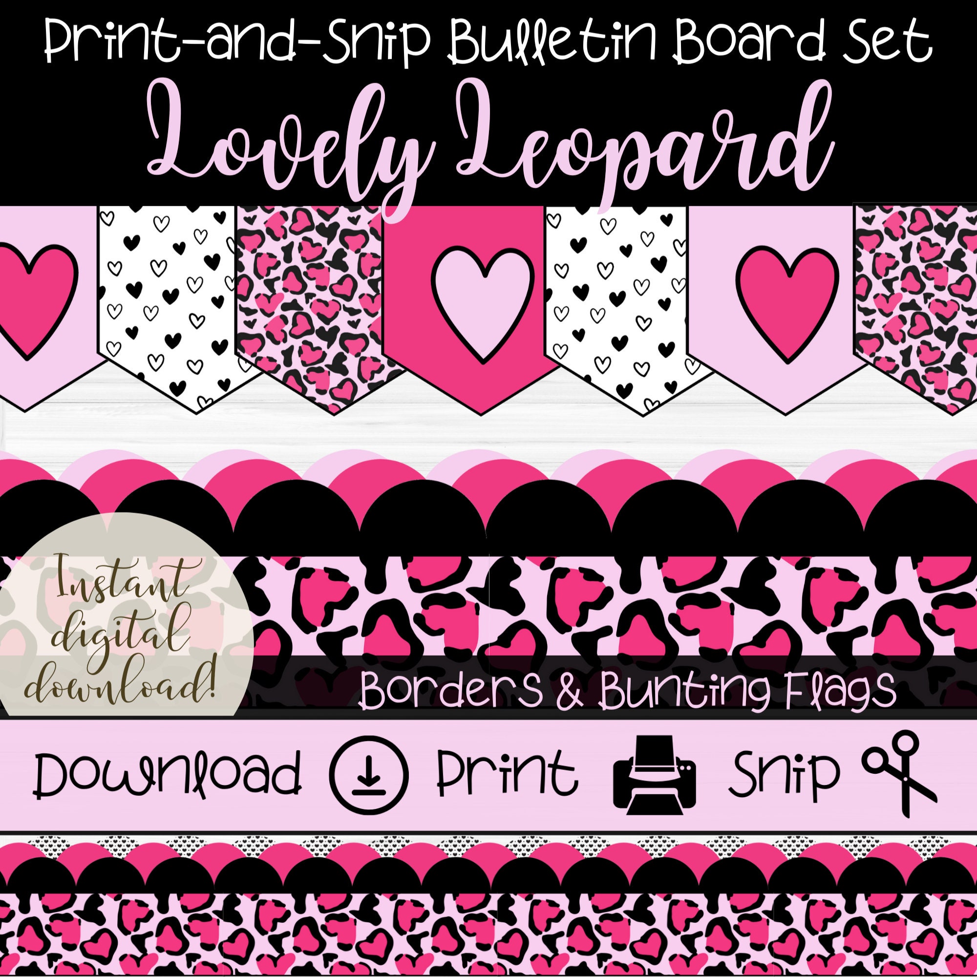 Hot Pink Leopard Print Bulletin Board Set Printable Leopard & Heart ...