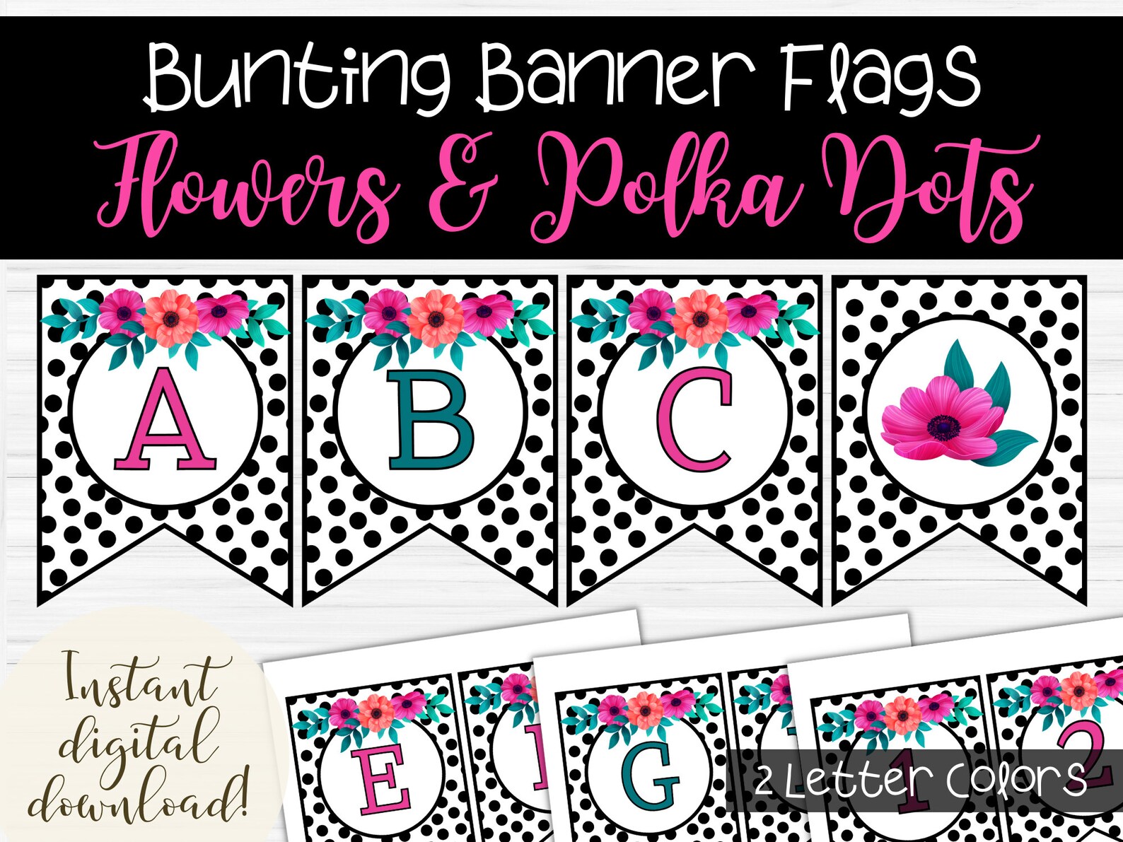 Floral and Polka Dot Bunting Banner Flags Printable - Etsy