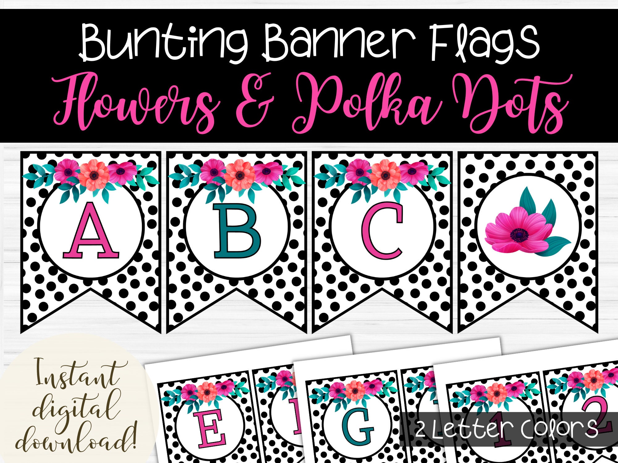Floral and Polka Dot Bunting Banner Flags Printable - Etsy